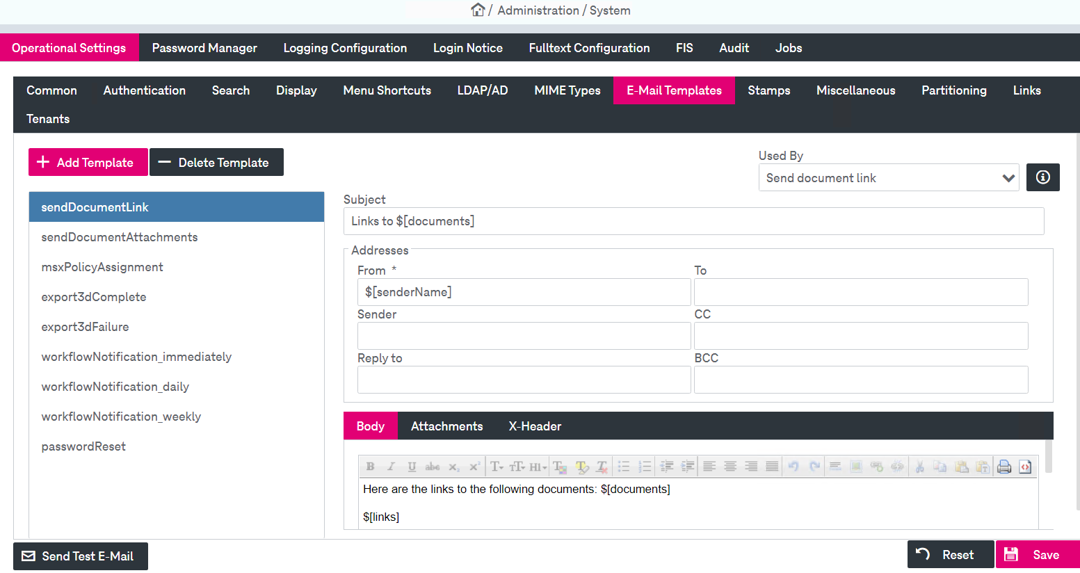 E-mail template configuration