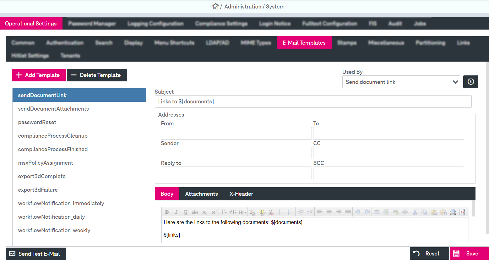 E-mail template configuration